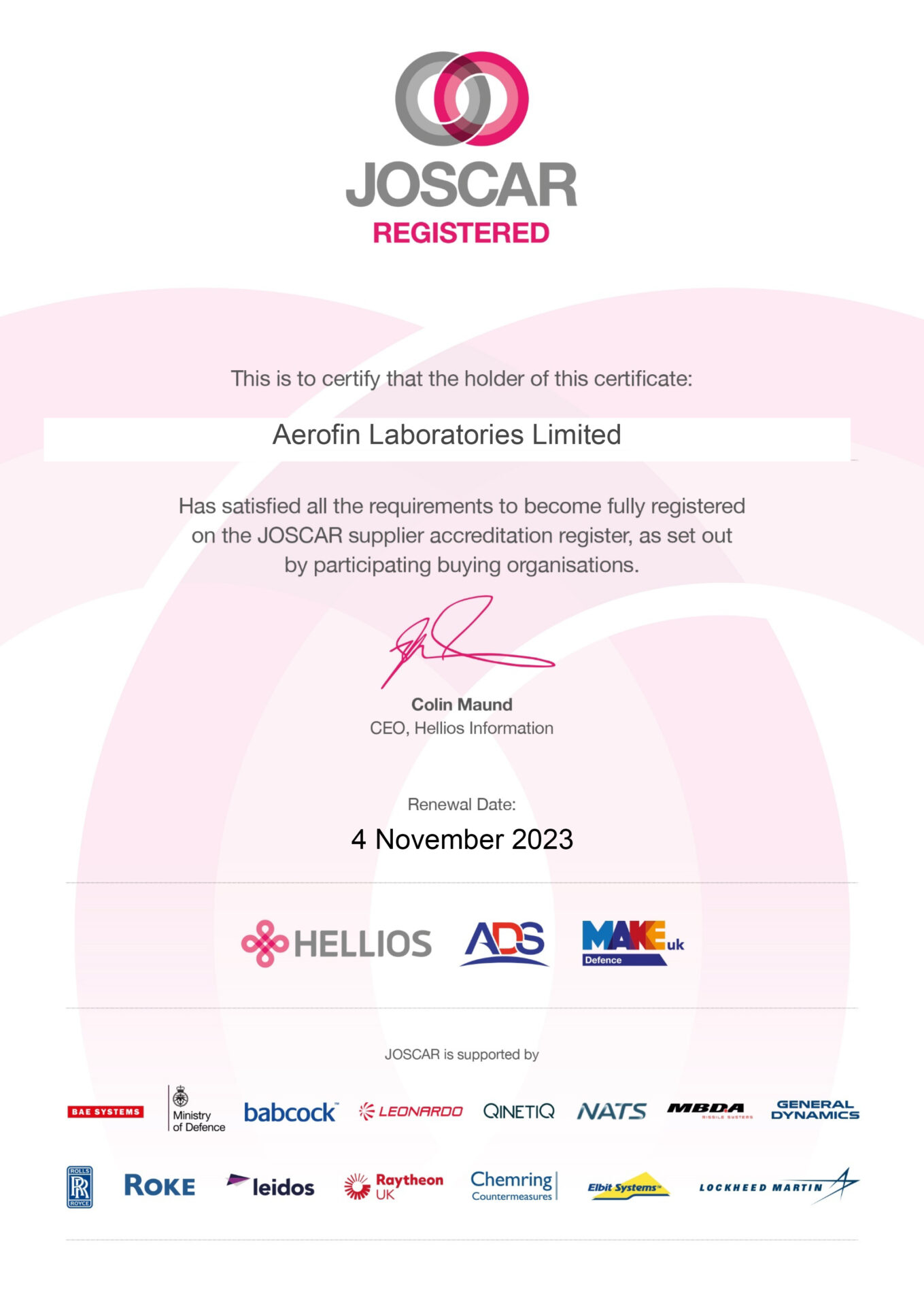 JOSCAR Accreditation | Aerofin Laboratories Ltd